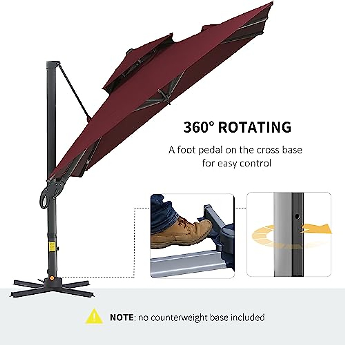 Outsunny 10ft Cantilever Patio Umbrella with Base, Hanging Aluminum Offset Umbrella with 360° Rotation, Easy Tilt, 8 Ribs, Crank, Cross Base Included for Backyard, Poolside, Lawn, Garden, Wine Red