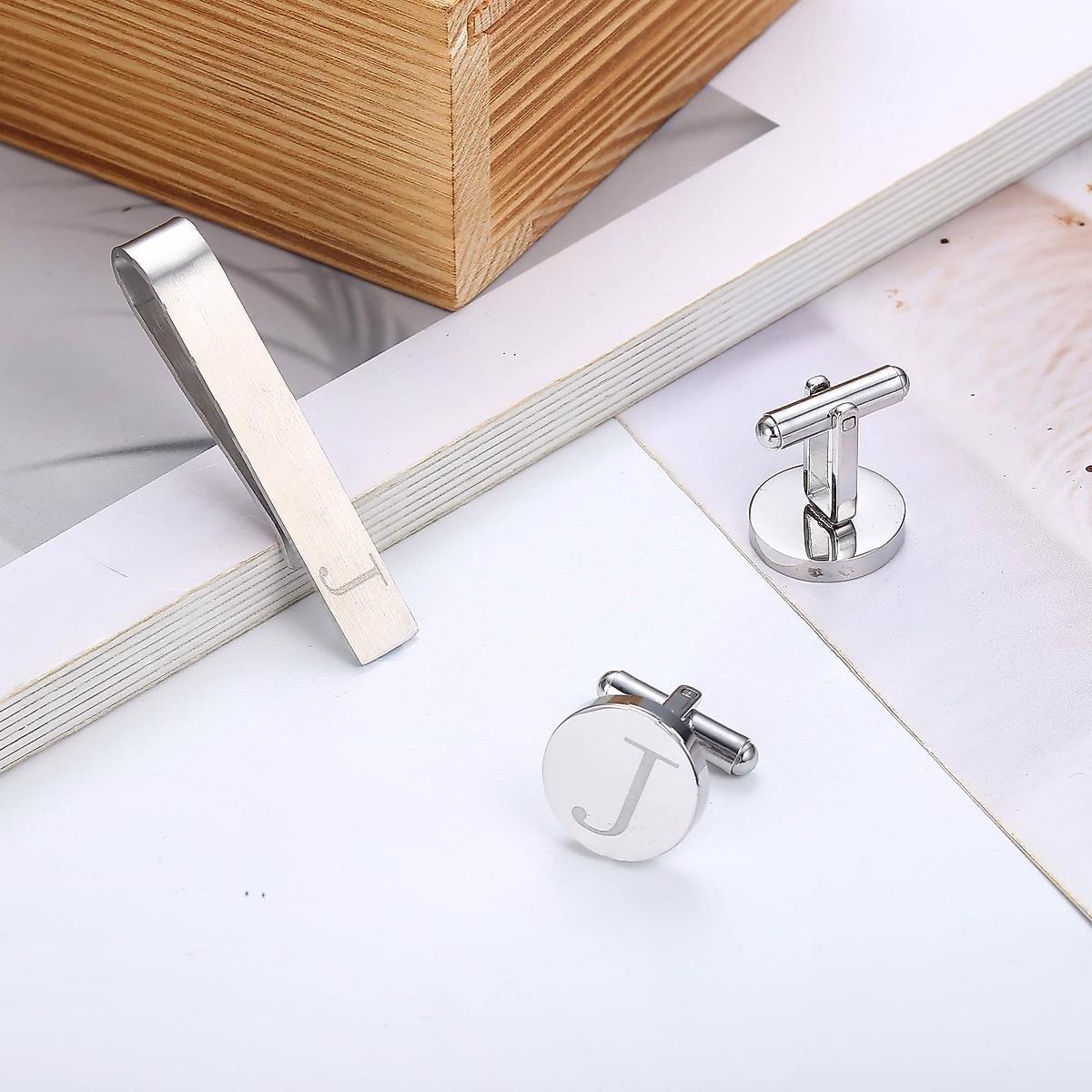 LOYALLOOK Classic Engraved Initial Cufflinks and Tie Clip Bar Set Alphabet Letter Formal Business Wedding Shirts J