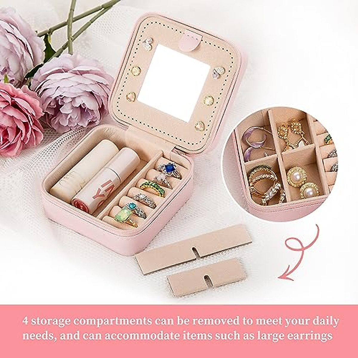 Ulico Travel Jewelry Case Jewelry Box- Small Jewelry Organizer with Mirror, Jewelry Holder Organizer Box, Travel Essentials Travel Gifts Birthday Gifts for Women Girls Friends Sister Initial Pink M
