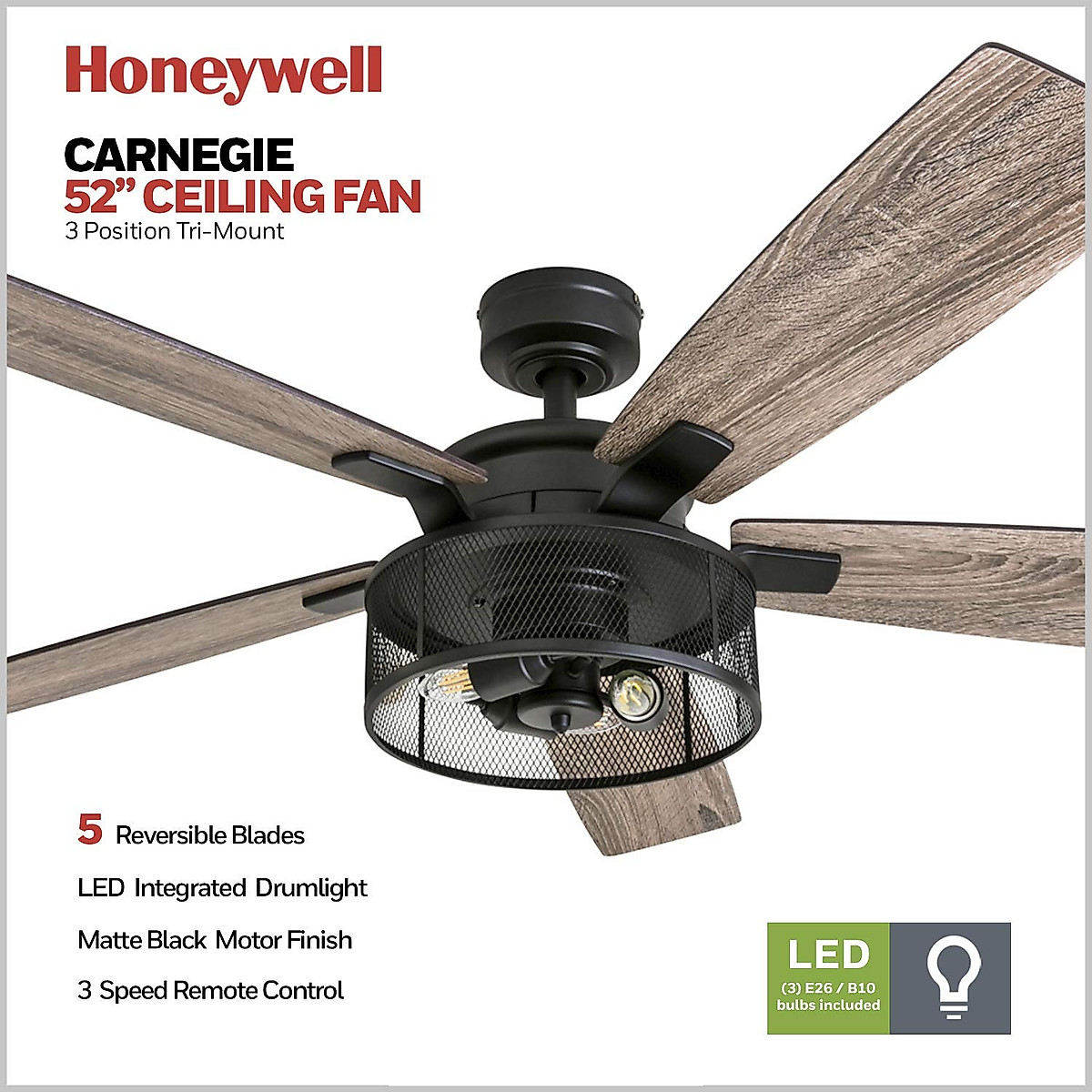 Honeywell Ceiling Fans Carnegie, 52 Inch Industrial Style Indoor LED Ceiling Fan with Light, Remote Control, Dual Mounting Options, 5 Dual Finish Blades, Reversible Airflow - 50614-01 (Matte Black)