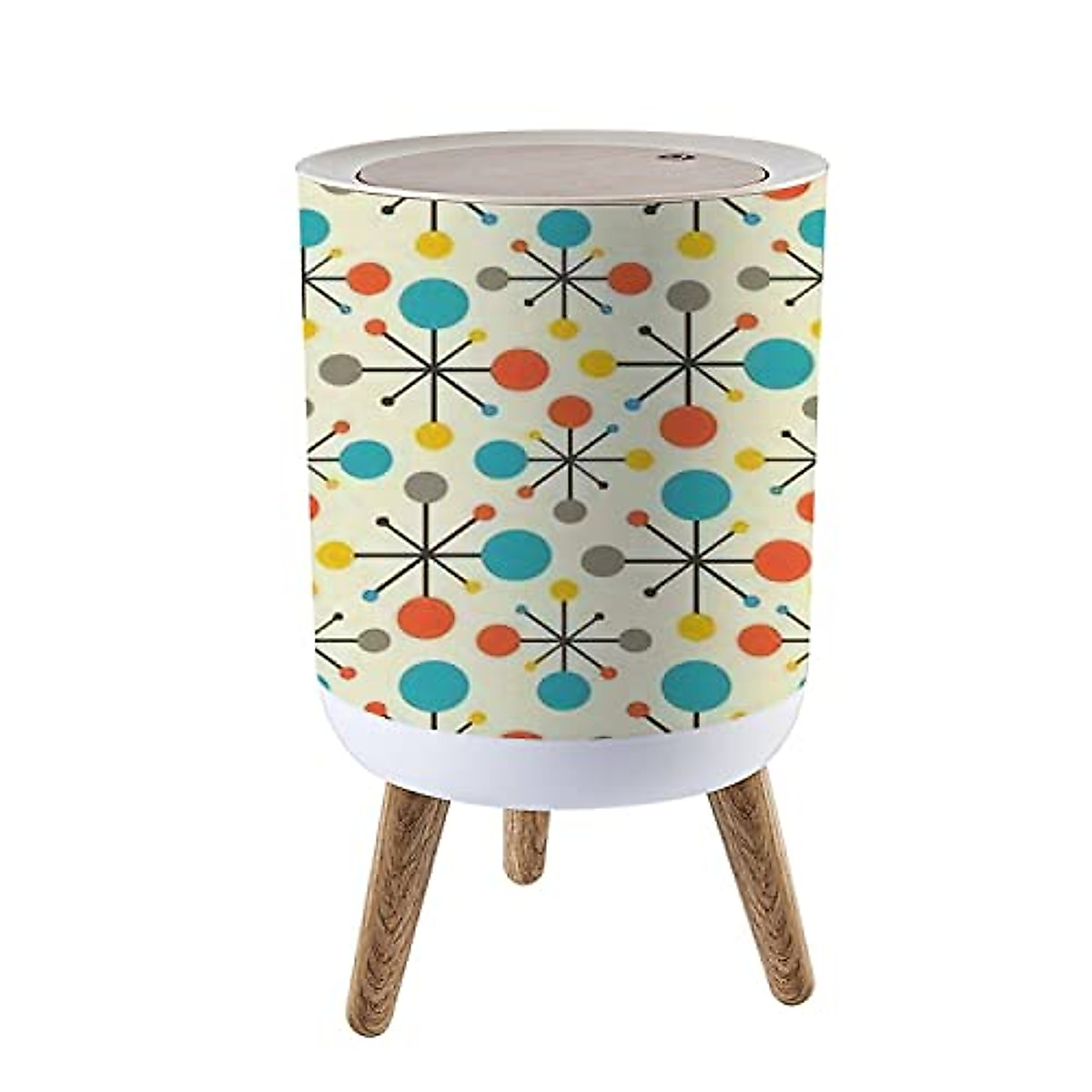 Small Trash Can with Lid Mid century fifties modern atomic retro colors seamless Part of Wood Legs Press Cover Garbage Bin Round Simple Human Waste Bin Wastebasket for Kitchen Bathroom Office