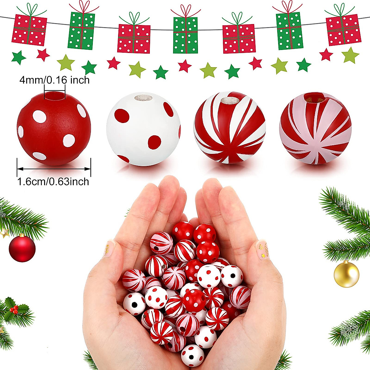 100 Pieces Candy Cane Wooden Beads 0.63 Inch Christmas Dotted Striped, Colorful Round Spacer Natural Farmhouse Craft Beads with Hole for DIY Craft Supplies Holiday 4 Colors (red)