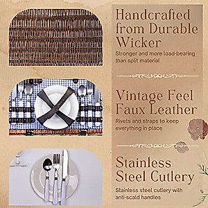 Flexzion Picnic Basket for 4 Person, Rectangular Wicker Picnic Basket Set, Insulated Picnic Case with Waterproof Lining and Blanket, Napkins, Cutlery Set, Wine Glasses, Bottle Opener and Plates