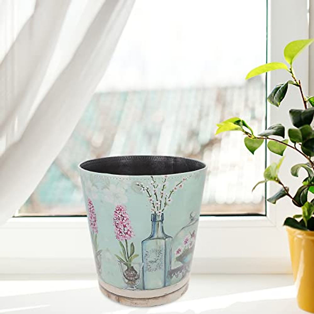 Zerodeko Small Trash Can, 10L/2.64 Gallon PU Leather Wastebasket Retro Decorative Waste Bin with Flower Patterned, Garbage Container for Bathroom, Bedroom, Kitchen, Home, Office