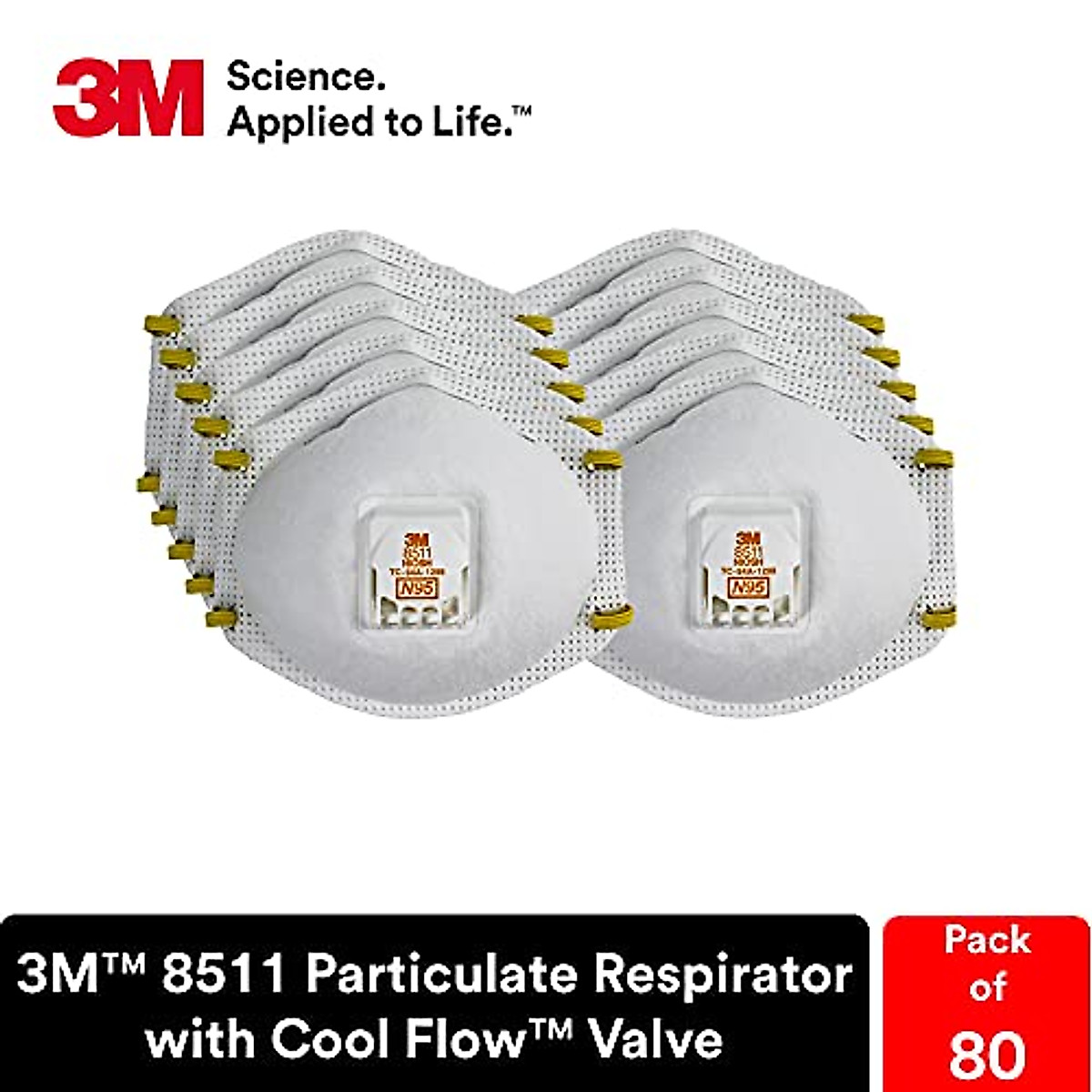 3M 8511 Particulate Disposable Respirator, N95, Pack of 80, Cool Comfort and Fewer Pressure Points with Dual Point Attachment for Grinding, Sanding, Sawing, Sweeping, Dust, Smoke