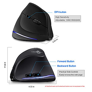 TRELC Ergonomic Mouse, 2.4G Wireless Vertical Optical Mouse with Adjustable Sensitivity (1000/1600/2400 DPI), 6 Buttons for PC, Desktop, Laptop, Notebook (Black)