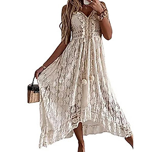 CUPSHE Womens Sleeveless V-Neck Tassel Ruching Dress Lace Up Smocking Ruffle Maxi Dress, X-Large, Beige