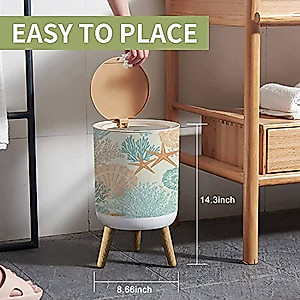 Small Trash Can with Lid Marine hand drawn sea shells stars mollusk coral Perfect for textiles Round Garbage Can Press Cover Wastebasket Wood Waste Bin for Bathroom Kitchen Office 7L/1.8 Gallon
