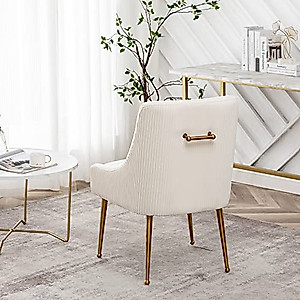 KINWELL Upholstered Dining Chairs, Modern Accent Side Chair with Pleated Back and Pull Handle, Velvet Armchair Desk Chair with Gold Metal Legs for Living Room, Home Office,Vanity(Beige)