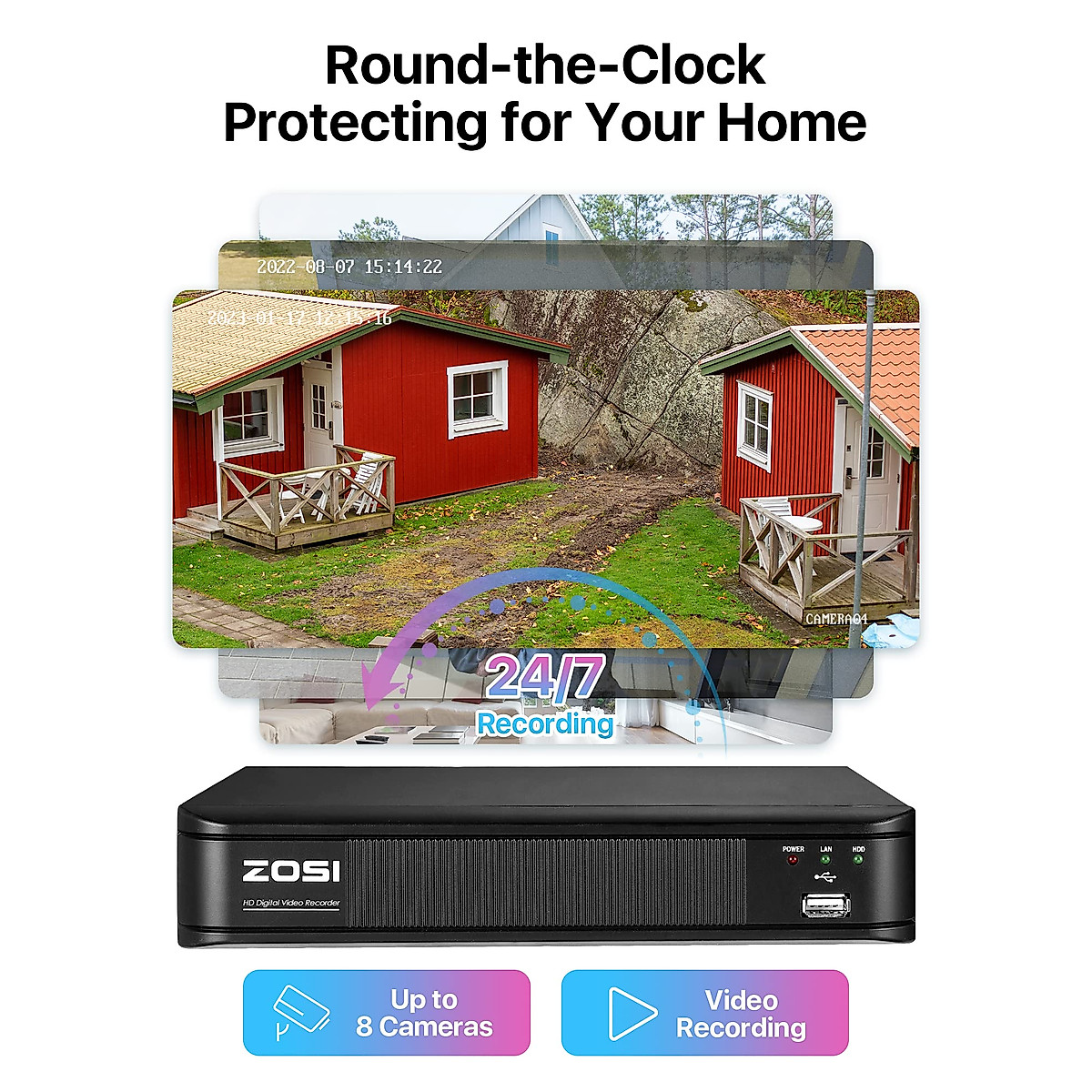 ZOSI H.265+ Full 1080p Home Security Camera System Outdoor Indoor, 5MP-Lite CCTV DVR 8 Channel with AI Human Vehicle Detection, 4 x 1080p Weatherproof Surveillance Camera, 80ft Night Vision, 1TB HDD