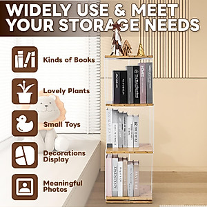 uyoyous Rotating Bookshelf 360 Degree Revolving Bookcase 3 Tier Spinning Bookshelf Display with Clear Acrylic Windows Floor Standing Bookcase Storage Rack for Playroom, Bedroom, Living Room
