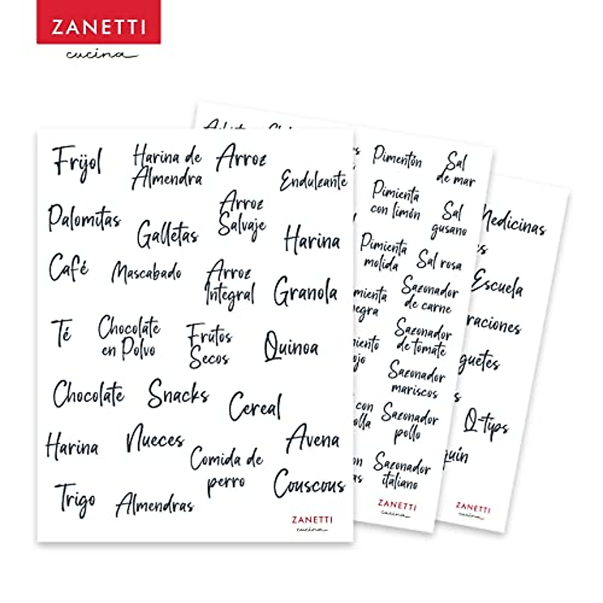 Zanetti Pantry Labels for Food Containers, Kitchen Food Labels for Storage Canisters & Jars, in Spanish (Black)