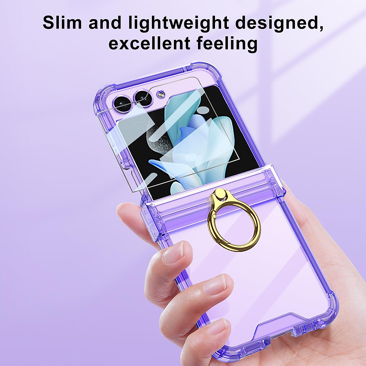 PUROOM for Samsung Galaxy Z Flip 5 Case Hinge Protection Luxury Soft Transparent with Ring Holder Built-in Screen Protector All-Inclusive Shockproof Case (Purple)