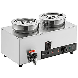 VEVOR Electric Soup Warmer, Dual 7.4QT Stainless Steel Round Pot 86~185°F Adjustable Temp, 1200W Commercial Bain Marie with Anti-Dry Burn and Reset Button, Soup Station for Restaurant, Buffet, Silver