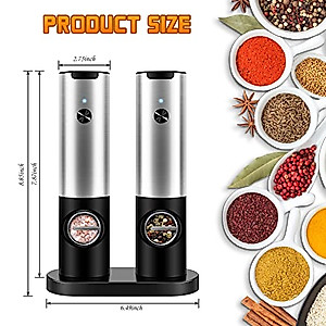 Salt and Pepper Grinder Set, Rechargeable Pepper Grinder Automatic Pepper Grinder Adjustable Coarseness with Charging Base LED Light, 2 Pack