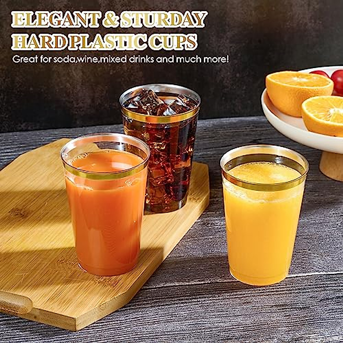 FOCUSLINE 100 Pack 12 oz Gold Rimmed Plastic Cups, 12 Ounce Clear Tumblers, Heavy-duty & Fancy Disposable Hard Plastic Cups with Gold Rim for Wedding Elegant Party