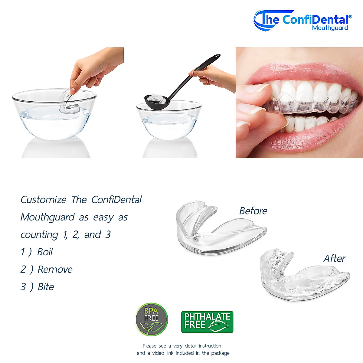 The ConfiDental - Pack of 5 Moldable Mouth Guard for Teeth Grinding Clenching Bruxism, Sport Athletic, Whitening Tray, Including 3 Regular and 2 Heavy Duty Guard (3 (lll) Regular 2 (II) Heavy Duty)