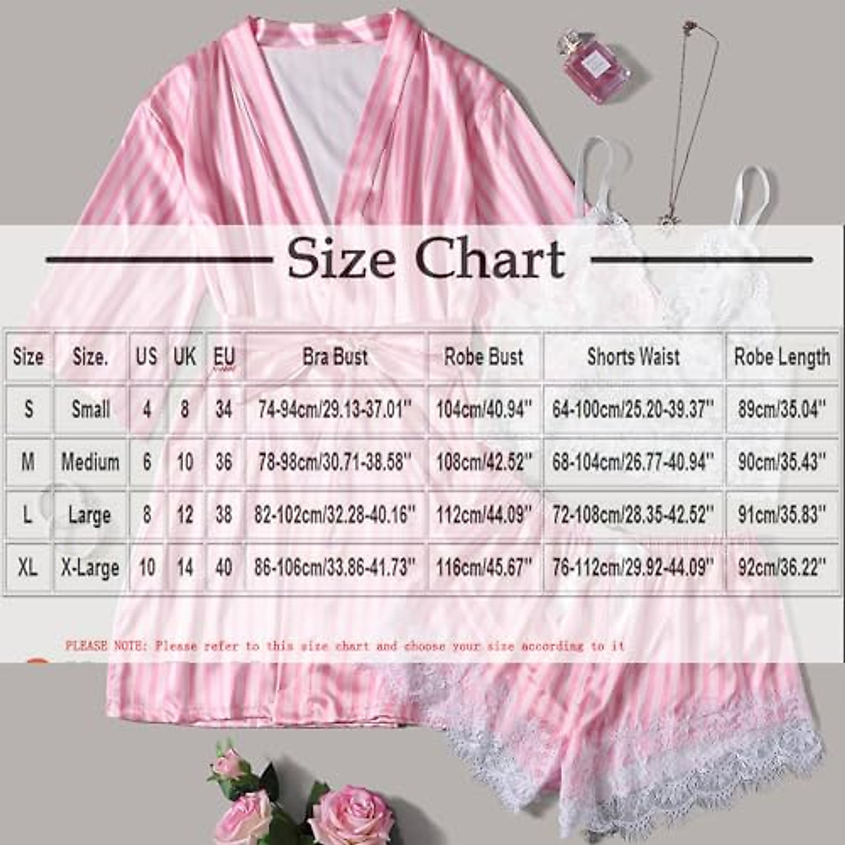 HGps8w Sleepwear for Women 3 Piece Stripe Satin Pajama Set Lingerie Lace Cami Pj Set Sexy V Neck Cami Top with Robe Pink