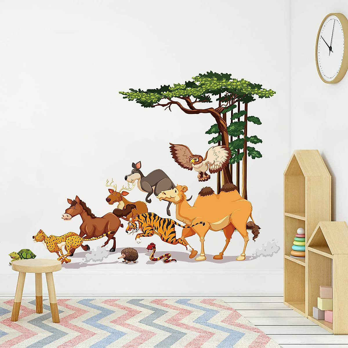 MEFOSS Removable Cartoon Jungle Animal Big Tree Wall Decals Creative Tiger Horse Leopard Turtle Wall Stickers Peel and Stick Wall Decals for Kids Bedroom Playroom Nursery Wall Decor (A)