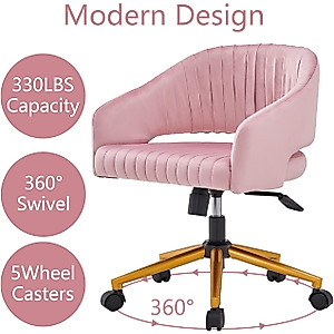 Home Office Cute Desk Chair Swivel Velvet Modern Cute Desk Chair with Gold Base, Ergonomic Study Seat, Computer Task Stools for Living Room (Pink)
