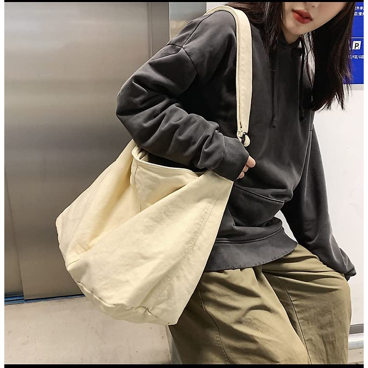 Women's Canvas Shoulder Bag Large Hobo Crossbody Bag Canvas Shoulder Tote Bag for Women and Men Canvas Messenger Bag (Beige White)