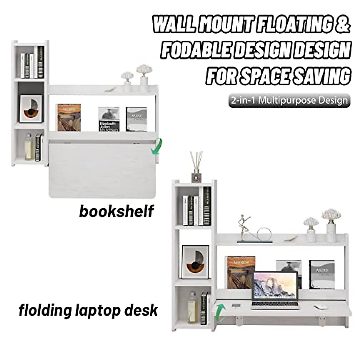 Pmnianhua Floating Desk,Wall Mounted Laptop Computer Desk Folding Wall Table Desk Workstation with Storage Shelves for Wall Bedroom Small Space (Grayish-White-Left)