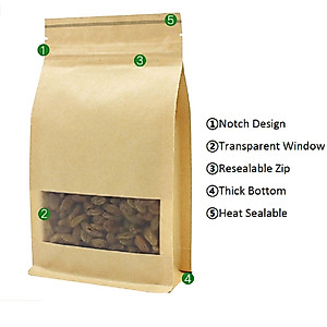 Couga Mall 50 PCS Universal Kraft Paper Packing Bag, Zip Lock Stand Up Storage Pouch Package Bag With Clear Window for Storing Snacks, Beans, Seeds and Tea Leaves(5.5"*9.4")