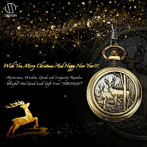 SIBOSUN Pocket Watch with Chain Deer Reindeer Woodland Men Smooth Back Case Bronze Vintage Box Quartz