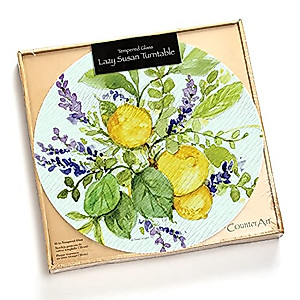 CounterArt Watercolor Lemons 4mm Heat Tolerant Tempered Glass Lazy Susan Turntable 13" Diameter Cake Plate Condiment Caddy Pizza Server
