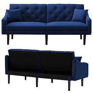 Olela Futon Sofa Bed Convertible Couch Bed with Armrests Modern Living Room Velvet Sofa Bed, Folding Recliner Futon Couch Sleeper Set with Wood Legs,Blue