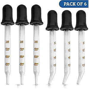 Eye Dropper - 6-Pack, Bent & Straight Tip Calibrated Glass Medicine Droppers for Essential Oils | Pipette Dropper for Accurate Easy Dose & Measurement (1mL Capacity)