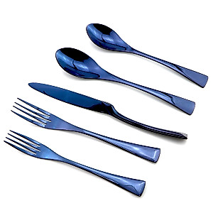 JASHII Luxury Jubilee Blue Flatware Set 20-Piece Iridescent Silverware Sets Replace Black Mirror Polished, 18/10 Stainless Steel Utensils For 4,Dinner Knife STEAK Knife Fork DINNER DESSERT Spoon