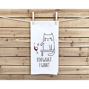 I Do What I Want Flour Sack Kitchen Towel with Hanging Loop - Funny Cute Cat Lover Dish Cloth Housewarming Hostess Birthday Christmas Gift