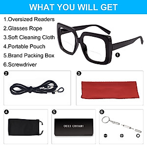 OCCI CHIARI Oversized Reading Glasses for Women 2.5 Bifocal Readers with Blue Light 1.0 1.25 1.5 1.75 2.0 2.25 2.5 2.75 3.0 3.5 (Black,2.50)