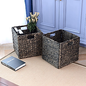 Villacera 12-Inch Square Handmade Wicker Storage Bin, Foldable Baskets made of Water Hyacinth in Black | Set of 2