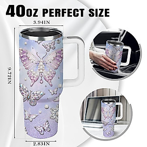 Butterfly Gifts for Women, Girls - 40oz Diamond Butterfly Tumbler with Handle - Birthday Gifts for Butterflies Lovers Cup - Purple Butterflies Gift for Mother's Day Christmas Coffee Travel Mug