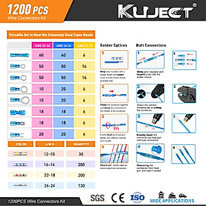 Kuject 1200PCS Heat Shrink Wire Connectors, Multipurpose Waterproof Electrical Wire Terminals kit, Insulated Crimp Ring Fork Spade Terminal Solder Butt Splice Connectors for Marine Boat Truck