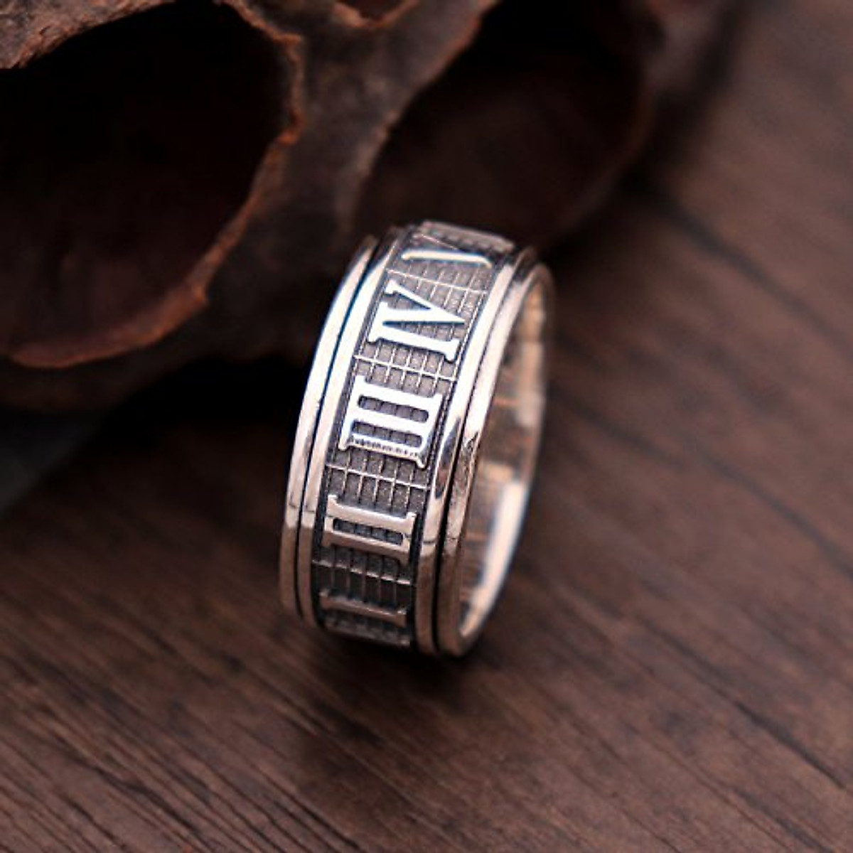 Retro Roman Numerals Ring 925 Sterling Silver Spinner Fidget Ring Band for Men Women Size 9