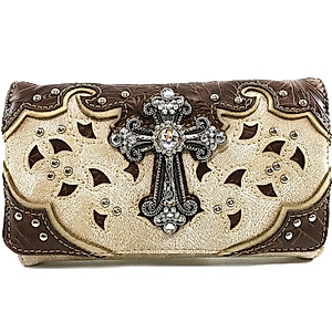 Justin West Western Rhinestone Cross Weaved Leather Laser Cut Floral Design Chain Shoulder Back Conceal Carry Handbag Purse with Flat Wallet (Beige Trifold Wallet)