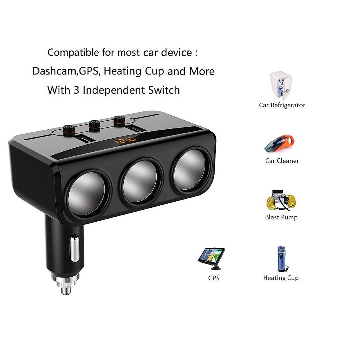 LIHAN 3 Socket Cigarette Lighter Adapter, Car Charger Plug Splitter with Dual USB Ports, 12V/24V Meter Monitor, Compatible with iPhone, LG, HTC, Samsung etc
