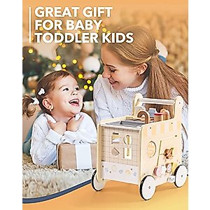 ROBOTIME Baby Push Walker Wooden Strollers,4 in 1 Multiple Activities Center Learning Activity Walker Toys, Suitable for Toddlers Kid 12Mos+ with Bakery Kitchen,Shape Sorter and Movable Slider