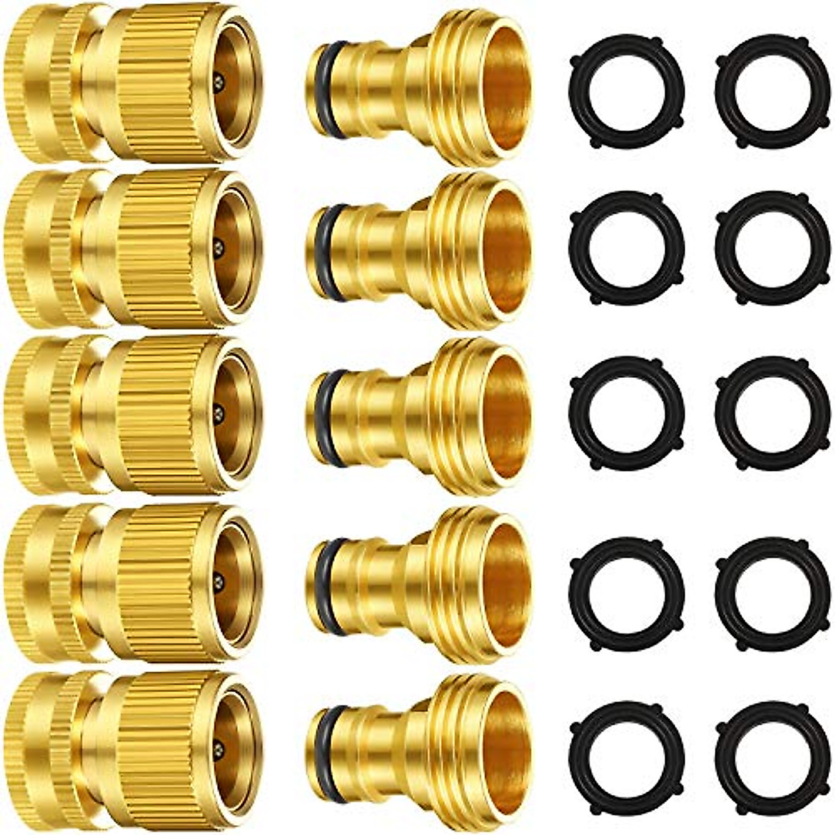 5 Set Garden Hose Quick Connect Fittings Solid Brass Quick Connector 3/4 Inch GHT Garden Water Hose Connectors with Extra Rubber Washers, Male and Female