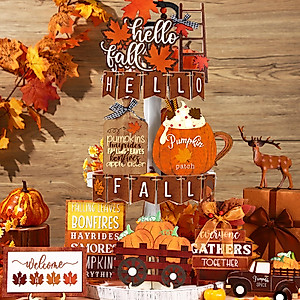 21 Pcs Fall Tiered Tray Decor Set Hello Fall Pumpkin Maple Leaf Wooden Signs Autumn Thanksgiving Decorations Rustic Farmhouse Table Centerpieces for Home Kitchen Decor Harvest Holiday