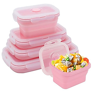Yagote 4 Pcs Silicone Collapsible Food Storage Containers with Lids Silicone Lunch Box Bento Box BPA free for Kitchen Pantry Organization Microwave Freezer (4pcs-Pink)