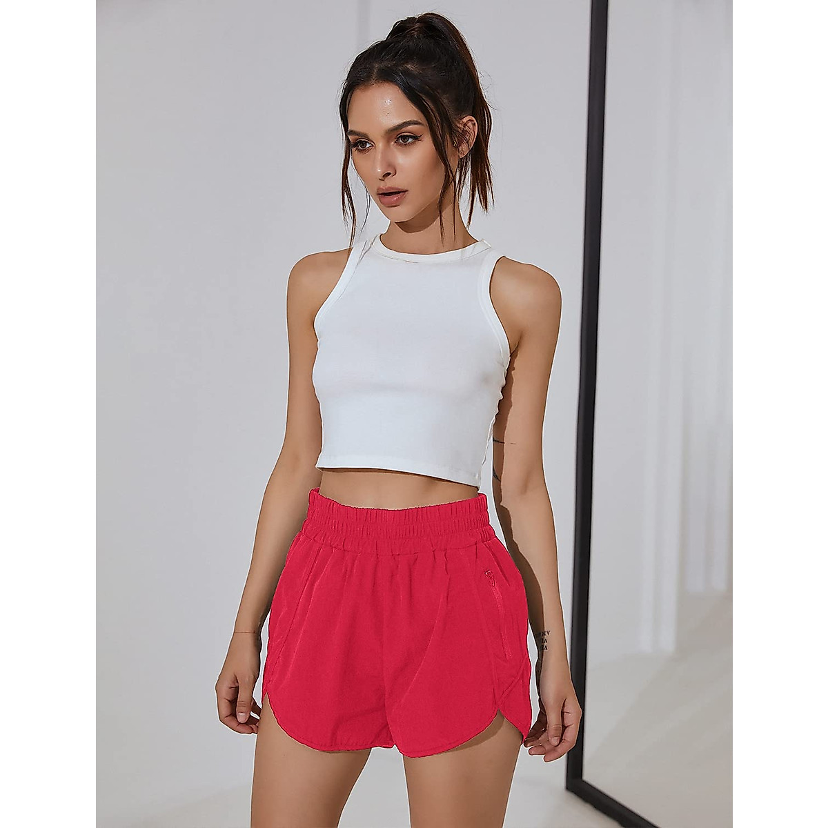 BMJL Women's Running Shorts Elastic High Waisted Shorts Pocket Sporty Workout Shorts Quick Dry Athletic Shorts Pants(S,Red)