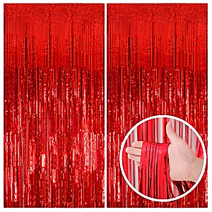 2 Pack Red Streamers Party Backdrop Christmas Decorations Foil Fringe Backdrop Curtains Carnival Casino Theme Birthday New Year Holiday Celebration Bachelorette Party Decorations Supplies