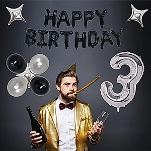 NANINUNENO 14th Black Silver Birthday Party Decorations for Boys Girls, Happy 14 Birthday Party Supplies with Black Happy Birthday Banner, Silver Foil Stars, Happy Birthday Balloons for 14th Birthday