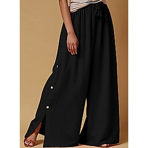 Dokotoo 2023 Fashion Cotton Wide Leg Linen Pants for Women Spring Summer Solid Elastic High Waist Drawstring Side Button Split Long Pants Beach Sport Office Jogging Jogger Black M