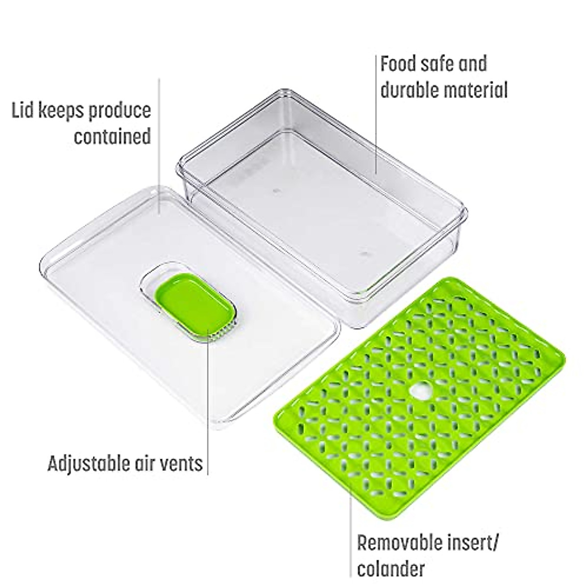 Goodful Produce Keeper, Adjustable Air Vents, Removable Insert/Colander, Durable Food Safe Material, Stackable, Clear and Green, Flat, 11.6" x 6.8" x 2.8"