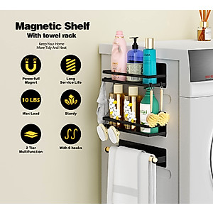 Strong Magnetic Large Shelf Spice Rack Magnetic Paper Towel Holder with Hooks for Refrigerator Fridge Organizer for Kitchen, Space Saver Container for Kitchen Apartment, Drill Free, Black